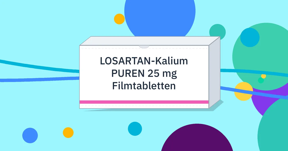 Symbolbild: Packung mit der Aufschrift LOSARTAN-Kalium PUREN 25 mg Filmtabletten (PZN 13572011) – Verfügbarkeit und Bezug in Apotheken in Frankfurt am Main