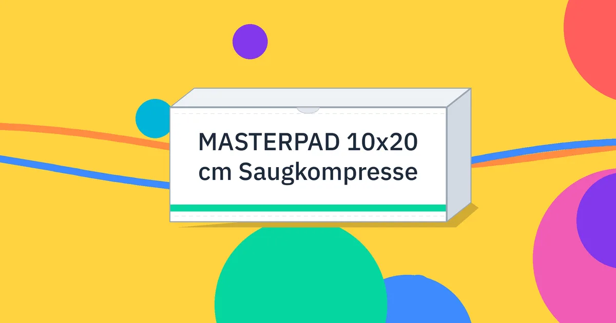 Symbolbild: Packung mit der Aufschrift MASTERPAD 10x20 cm Saugkompresse (PZN 18794495) – Verfügbarkeit und Bezug in Apotheken in Frankfurt am Main