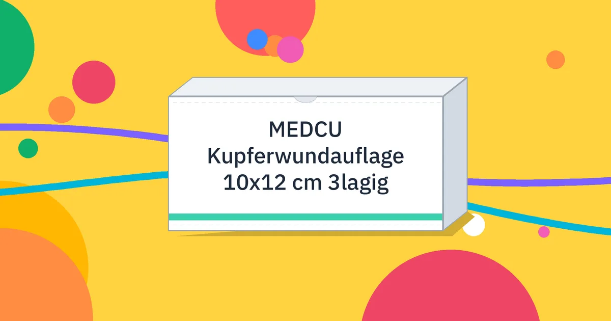 Symbolbild: Packung mit der Aufschrift MEDCU Kupferwundauflage 10x12 cm 3lagig (PZN 20896731) – Verfügbarkeit und Bezug in Apotheken in Frankfurt am Main