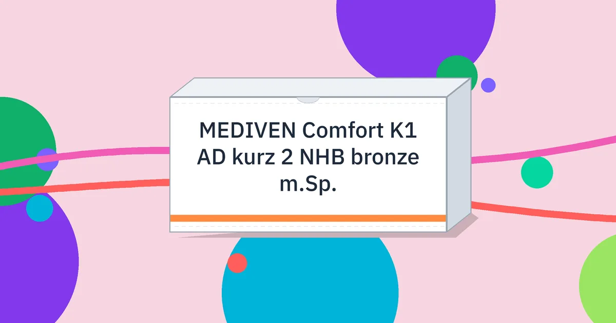 Symbolbild: Packung mit der Aufschrift MEDIVEN Comfort K1 AD kurz 2 NHB bronze m.Sp. (PZN 14556600) – Verfügbarkeit und Bezug in Apotheken in Frankfurt am Main