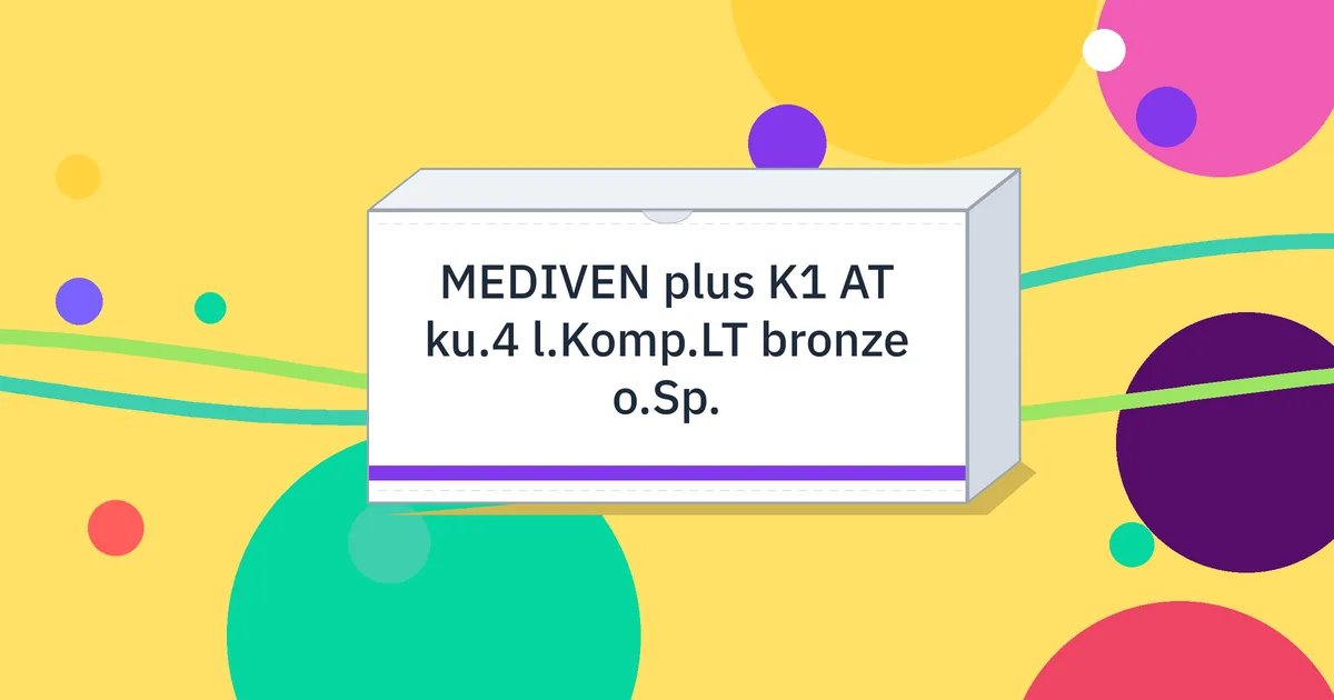 Symbolbild: Packung mit der Aufschrift MEDIVEN plus K1 AT ku.4 l.Komp.LT bronze o.Sp. (PZN 15029630) – Verfügbarkeit und Bezug in Apotheken in Frankfurt am Main
