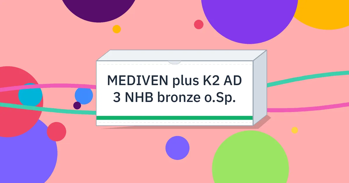 Symbolbild: Packung mit der Aufschrift MEDIVEN plus K2 AD 3 NHB bronze o.Sp. (PZN 15936925) – Verfügbarkeit und Bezug in Apotheken in Frankfurt am Main