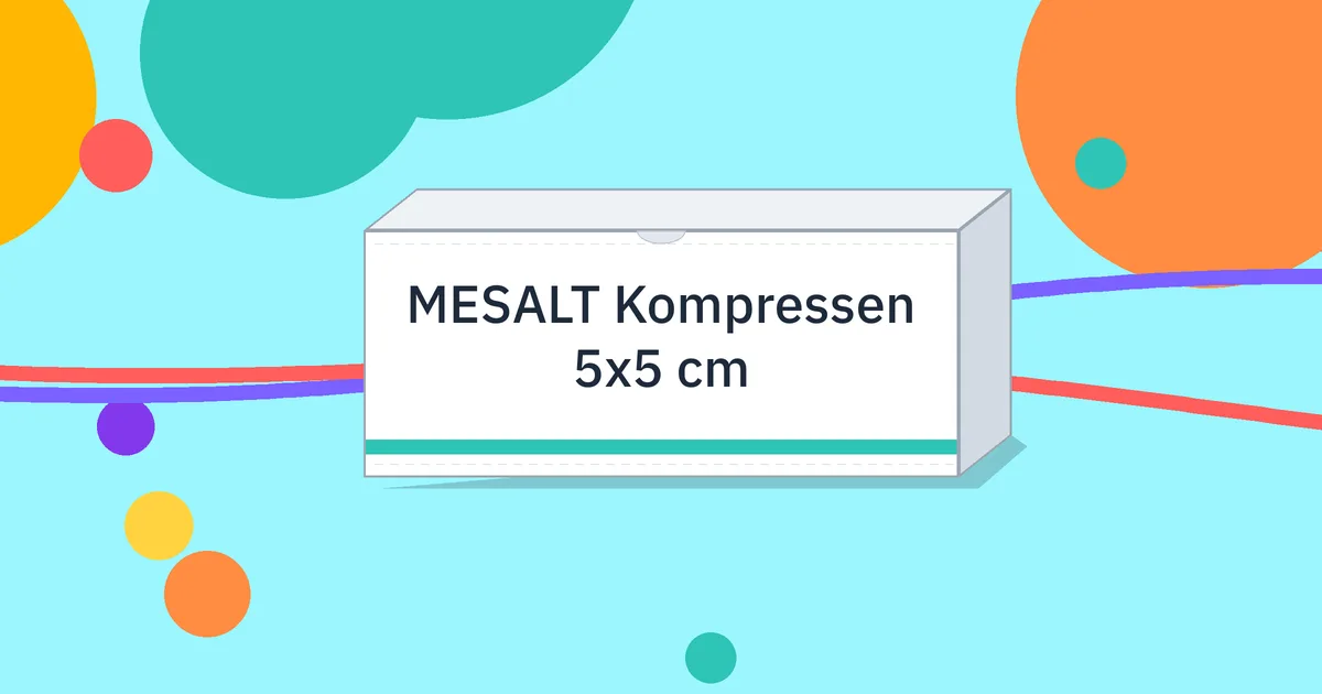 Symbolbild: Packung mit der Aufschrift MESALT Kompressen 5x5 cm (PZN 05958860) – Verfügbarkeit und Bezug in Apotheken in Frankfurt am Main