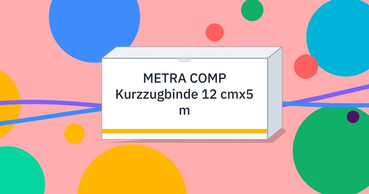 Symbolbild: Packung mit der Aufschrift METRA COMP Kurzzugbinde 12 cmx5 m (PZN 07772444) – Verfügbarkeit und Bezug in Apotheken in Frankfurt am Main