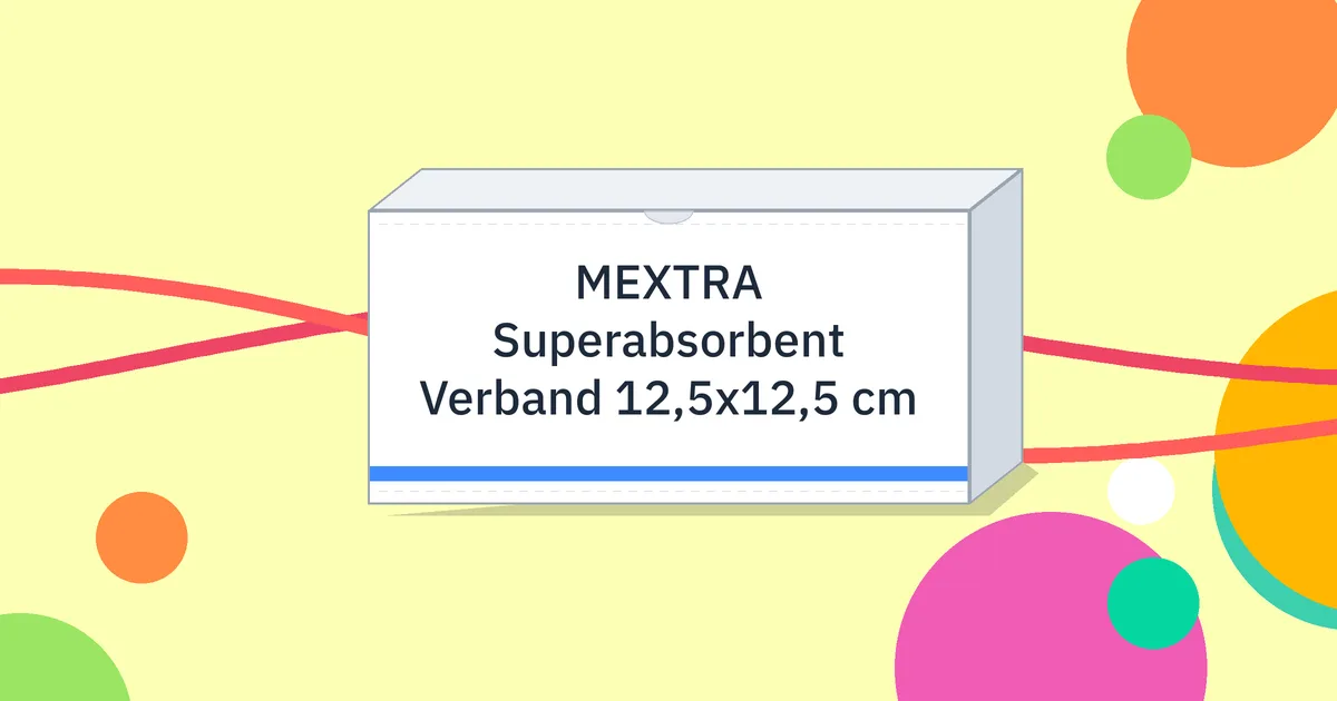 Symbolbild: Packung mit der Aufschrift MEXTRA Superabsorbent Verband 12,5x12,5 cm (PZN 15407919) – Verfügbarkeit und Bezug in Apotheken in Frankfurt am Main