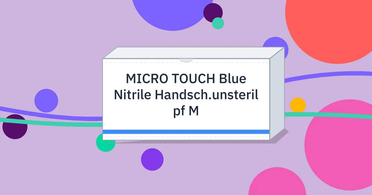 Symbolbild: Packung mit der Aufschrift MICRO TOUCH Blue Nitrile Handsch.unsteril pf M (PZN 14172265) – Verfügbarkeit und Bezug in Apotheken in Frankfurt am Main