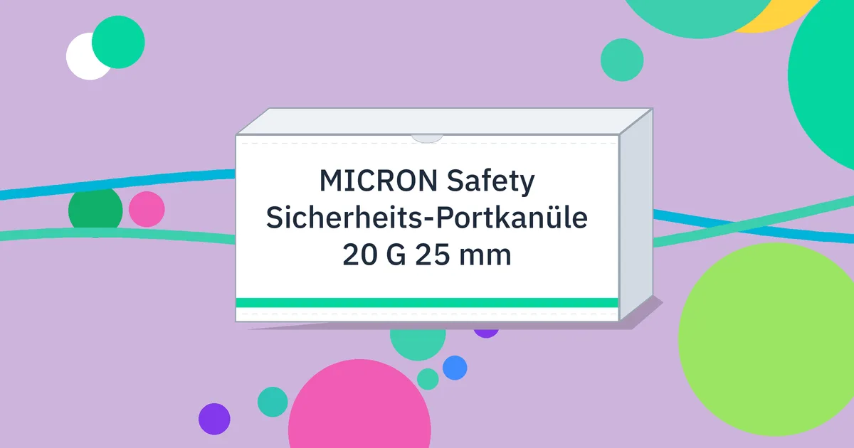Symbolbild: Packung mit der Aufschrift MICRON Safety Sicherheits-Portkanüle 20 G 25 mm (PZN 19113304) – Verfügbarkeit und Bezug in Apotheken in Frankfurt am Main