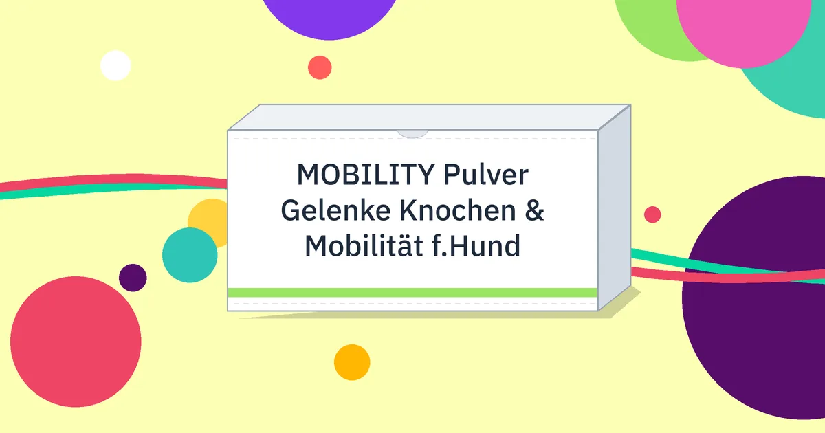 Symbolbild: Packung mit der Aufschrift MOBILITY Pulver Gelenke Knochen & Mobilität f.Hund (PZN 20222286) – Verfügbarkeit und Bezug in Apotheken in Frankfurt am Main