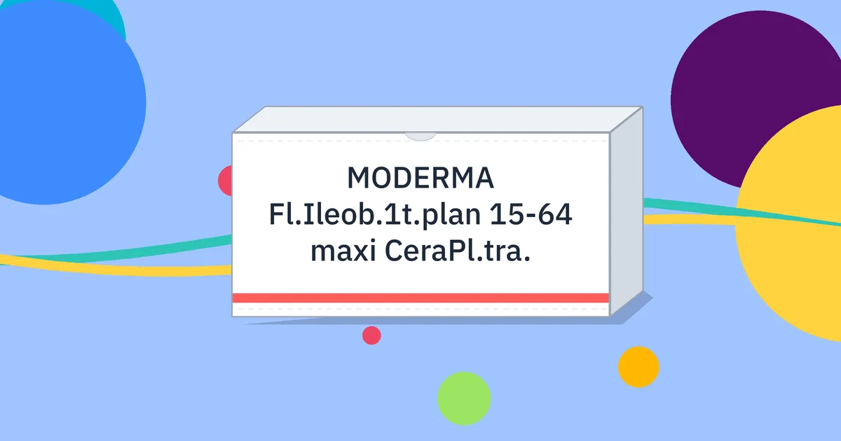Symbolbild: Packung mit der Aufschrift MODERMA Fl.Ileob.1t.plan 15-64 maxi CeraPl.tra. (PZN 18108962) – Verfügbarkeit und Bezug in Apotheken in Frankfurt am Main