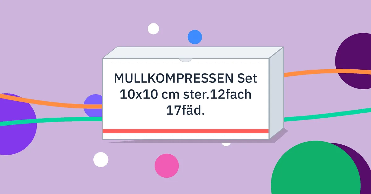 Symbolbild: Packung mit der Aufschrift MULLKOMPRESSEN Set 10x10 cm ster.12fach 17fäd. (PZN 06930450) – Verfügbarkeit und Bezug in Apotheken in Frankfurt am Main