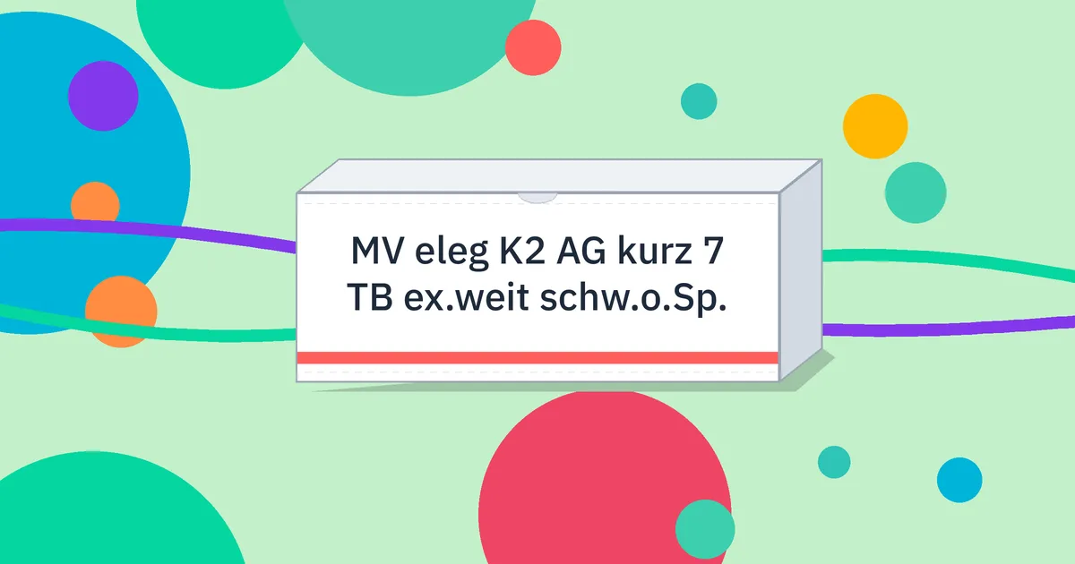 Symbolbild: Packung mit der Aufschrift MV eleg K2 AG kurz 7 TB ex.weit schw.o.Sp. (PZN 09880965) – Verfügbarkeit und Bezug in Apotheken in Frankfurt am Main