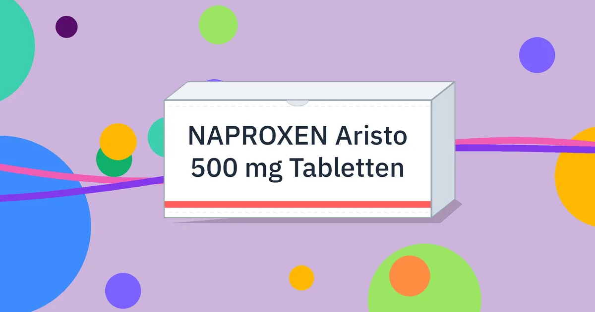 Symbolbild: Packung mit der Aufschrift NAPROXEN Aristo 500 mg Tabletten (PZN 01175693) – Verfügbarkeit und Bezug in Apotheken in Frankfurt am Main