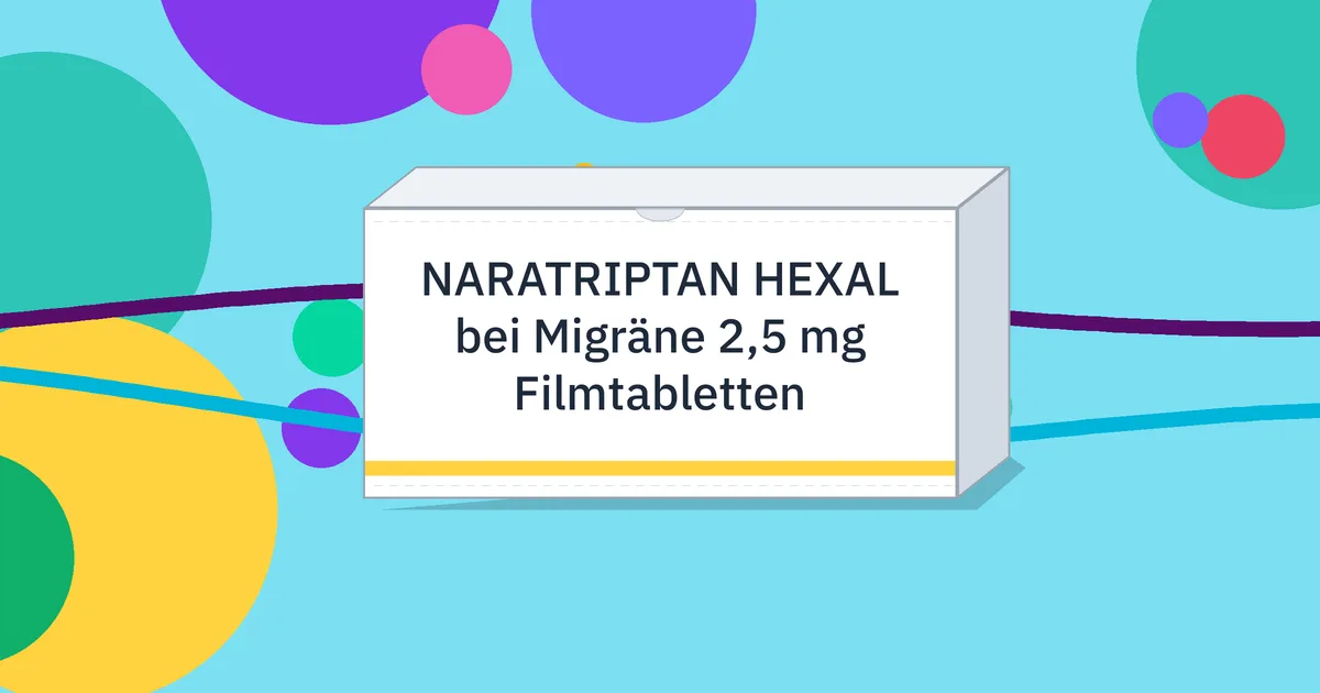 Symbolbild: Packung mit der Aufschrift NARATRIPTAN HEXAL bei Migräne 2,5 mg Filmtabletten (PZN 09334719) – Verfügbarkeit und Bezug in Apotheken in Frankfurt am Main