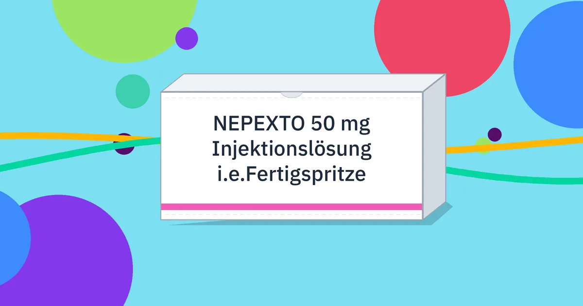 Symbolbild: Packung mit der Aufschrift NEPEXTO 50 mg Injektionslösung i.e.Fertigspritze (PZN 19987397) – Verfügbarkeit und Bezug in Apotheken in Frankfurt am Main