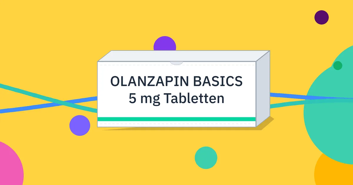 Symbolbild: Packung mit der Aufschrift OLANZAPIN BASICS 5 mg Tabletten (PZN 08468091) – Verfügbarkeit und Bezug in Apotheken in Frankfurt am Main