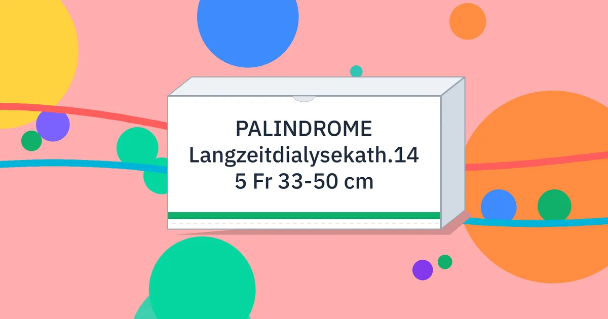 Symbolbild: Packung mit der Aufschrift PALINDROME Langzeitdialysekath.14 5 Fr 33-50 cm (PZN 00155139) – Verfügbarkeit und Bezug in Apotheken in Frankfurt am Main