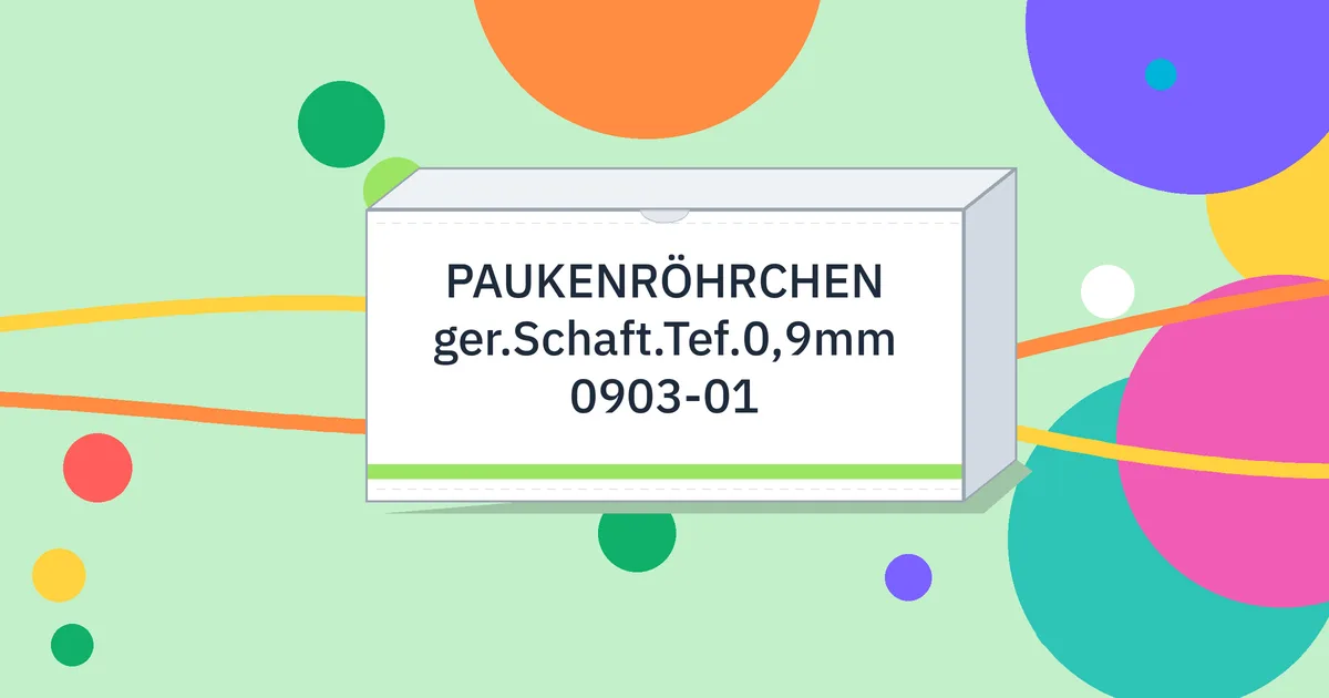 Symbolbild: Packung mit der Aufschrift PAUKENRÖHRCHEN ger.Schaft.Tef.0,9mm 0903-01 (PZN 00184632) – Verfügbarkeit und Bezug in Apotheken in Frankfurt am Main