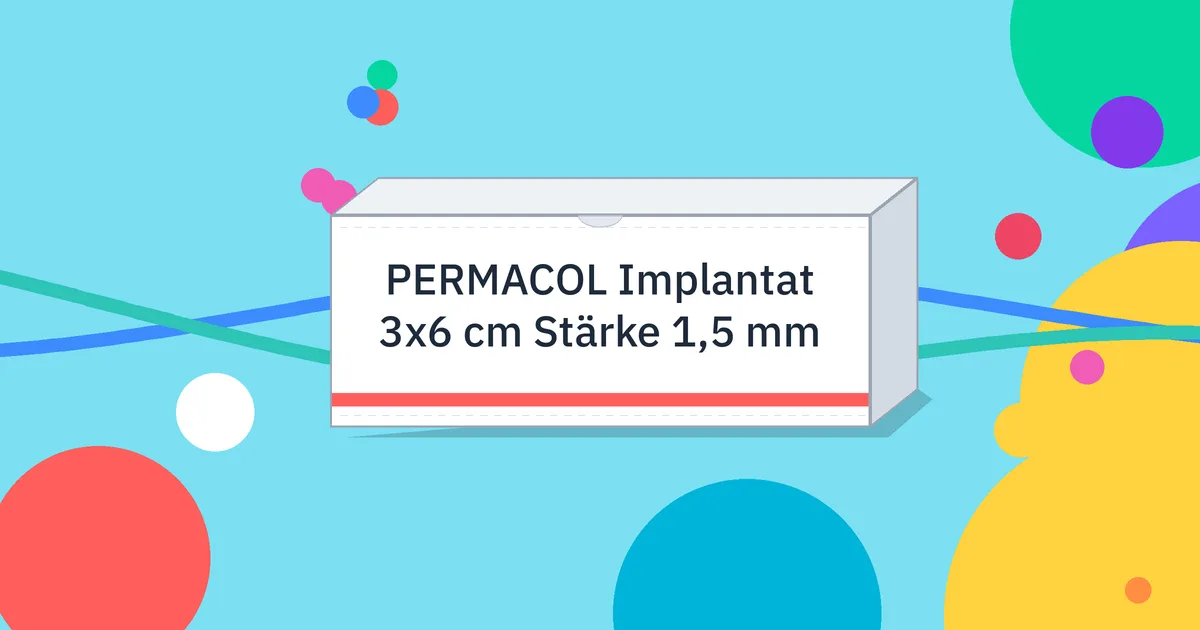 Symbolbild: Packung mit der Aufschrift PERMACOL Implantat 3x6 cm Stärke 1,5 mm (PZN 05869547) – Verfügbarkeit und Bezug in Apotheken in Frankfurt am Main