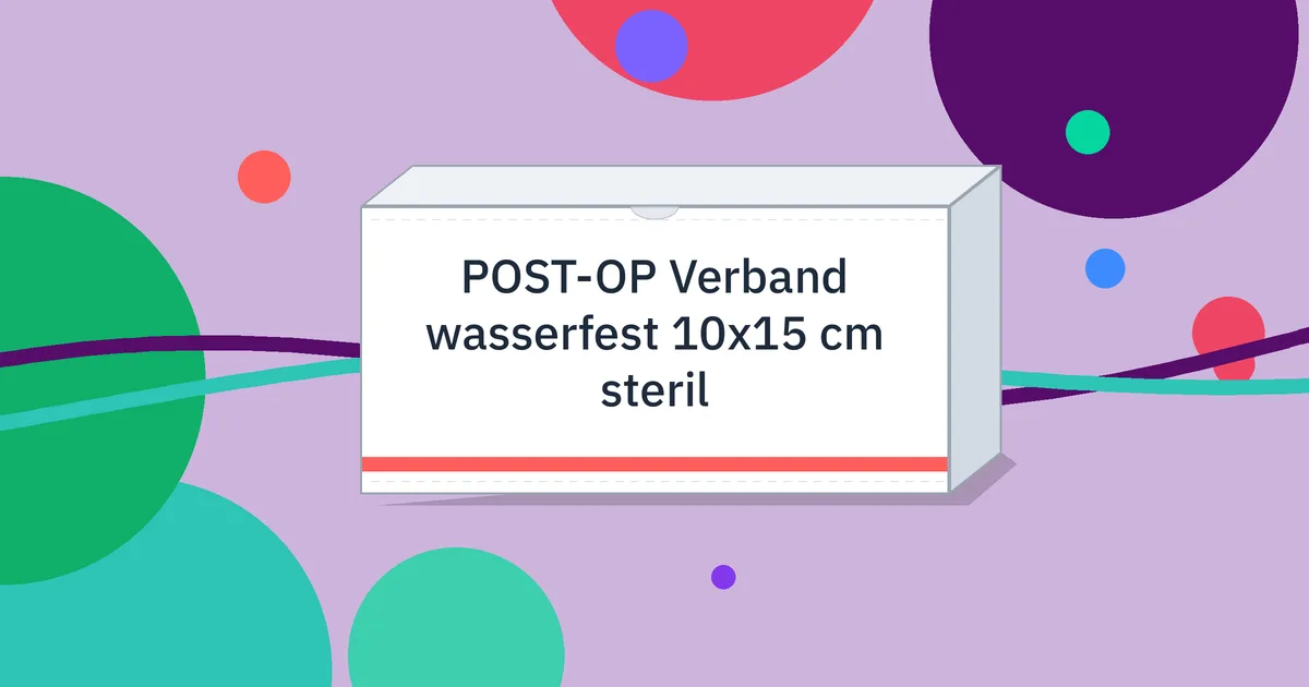 Symbolbild: Packung mit der Aufschrift POST-OP Verband wasserfest 10x15 cm steril (PZN 17562400) – Verfügbarkeit und Bezug in Apotheken in Frankfurt am Main