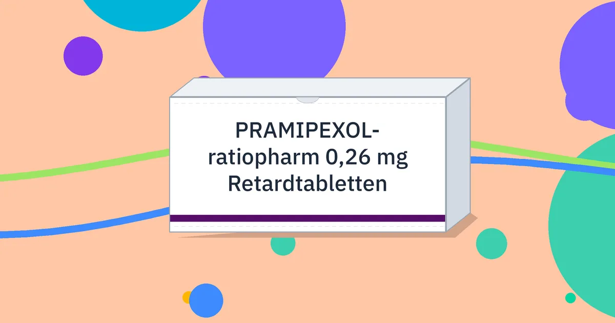 Symbolbild: Packung mit der Aufschrift PRAMIPEXOL-ratiopharm 0,26 mg Retardtabletten (PZN 10072130) – Verfügbarkeit und Bezug in Apotheken in Frankfurt am Main