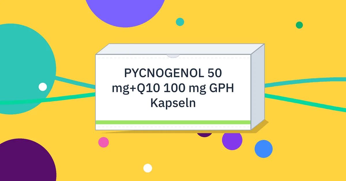 Symbolbild: Packung mit der Aufschrift PYCNOGENOL 50 mg+Q10 100 mg GPH Kapseln (PZN 01161030) – Verfügbarkeit und Bezug in Apotheken in Frankfurt am Main