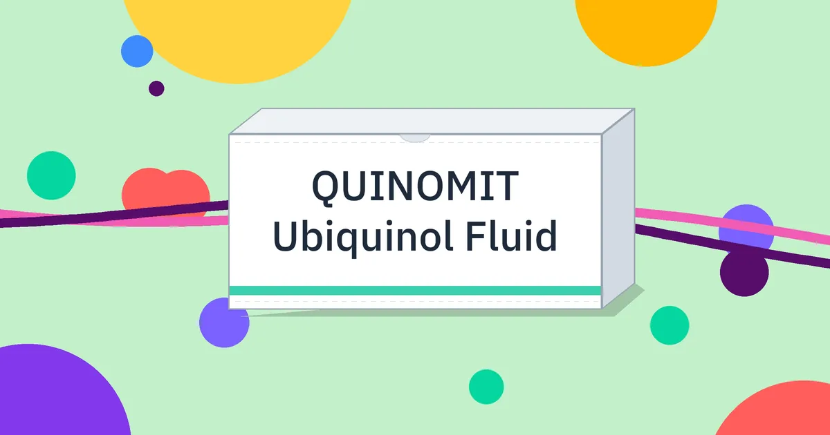 Symbolbild: Packung mit der Aufschrift QUINOMIT Ubiquinol Fluid (PZN 02370356) – Verfügbarkeit und Bezug in Apotheken in Frankfurt am Main