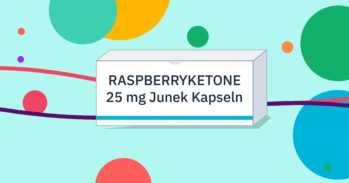 Symbolbild: Packung mit der Aufschrift RASPBERRYKETONE 25 mg Junek Kapseln (PZN 10977256) – Verfügbarkeit und Bezug in Apotheken in Frankfurt am Main