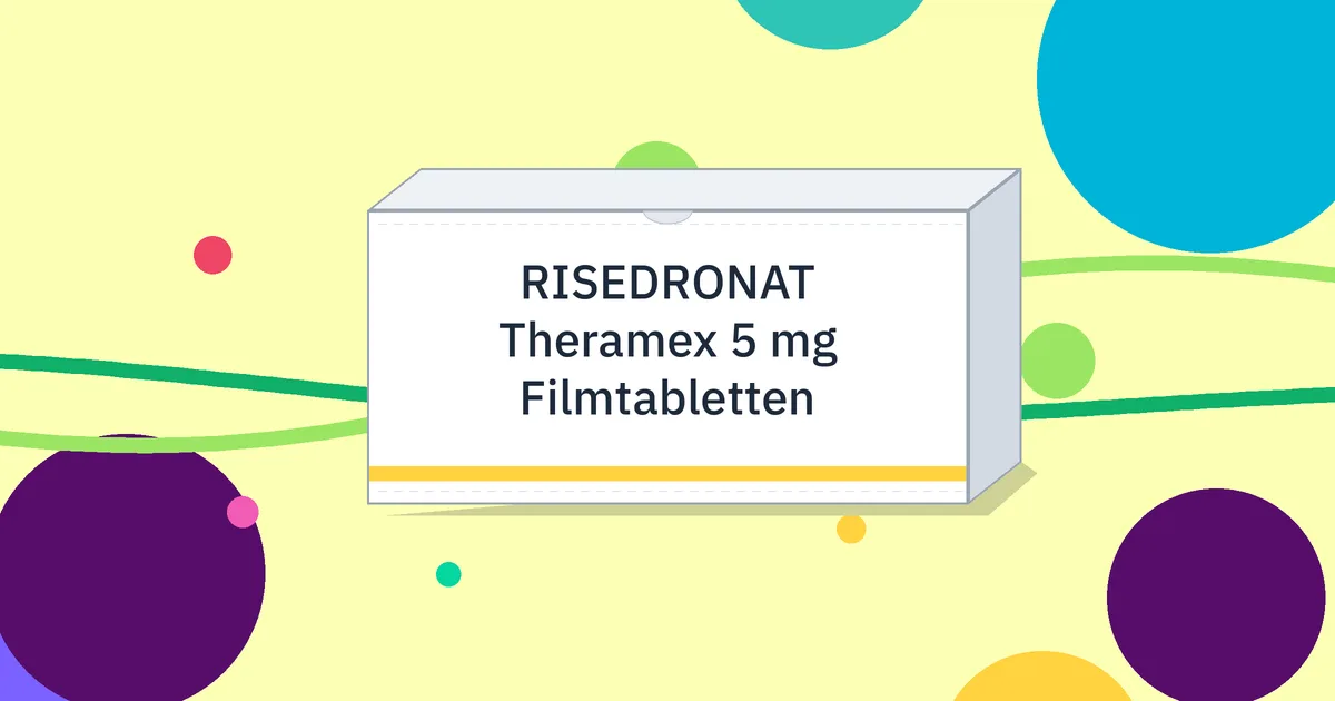 Symbolbild: Packung mit der Aufschrift RISEDRONAT Theramex 5 mg Filmtabletten (PZN 18116950) – Verfügbarkeit und Bezug in Apotheken in Frankfurt am Main