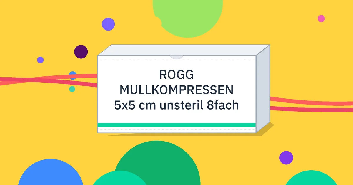 Symbolbild: Packung mit der Aufschrift ROGG MULLKOMPRESSEN 5x5 cm unsteril 8fach (PZN 03439009) – Verfügbarkeit und Bezug in Apotheken in Frankfurt am Main
