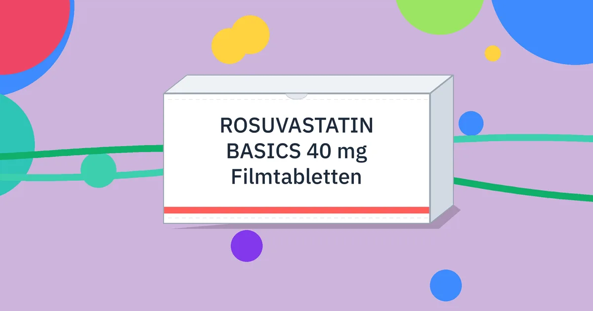 Symbolbild: Packung mit der Aufschrift ROSUVASTATIN BASICS 40 mg Filmtabletten (PZN 19621383) – Verfügbarkeit und Bezug in Apotheken in Frankfurt am Main