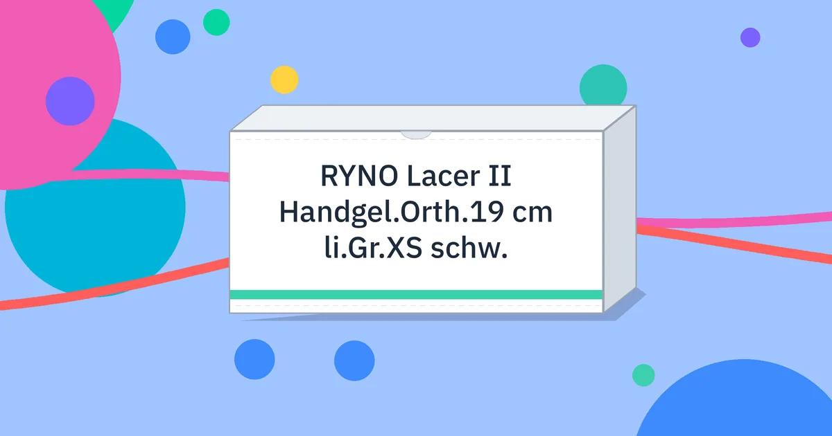 Symbolbild: Packung mit der Aufschrift RYNO Lacer II Handgel.Orth.19 cm li.Gr.XS schw. (PZN 14048482) – Verfügbarkeit und Bezug in Apotheken in Frankfurt am Main