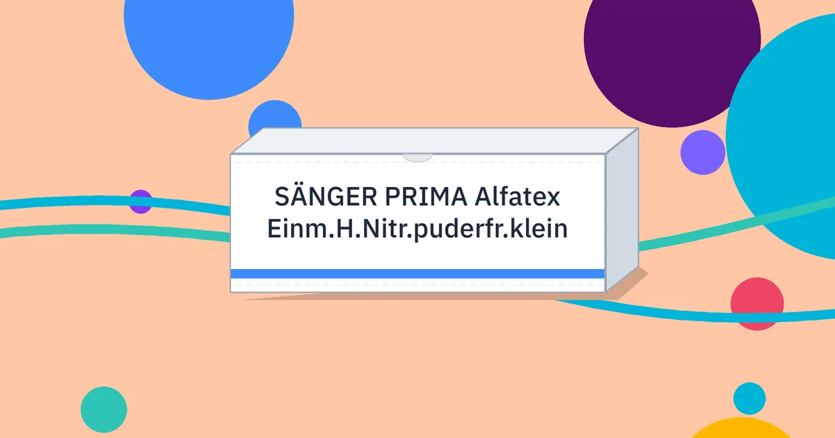 Symbolbild: Packung mit der Aufschrift SÄNGER PRIMA Alfatex Einm.H.Nitr.puderfr.klein (PZN 00288998) – Verfügbarkeit und Bezug in Apotheken in Frankfurt am Main