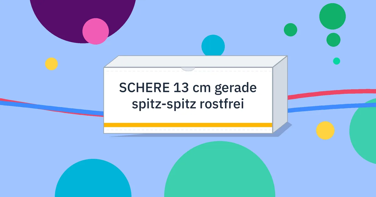 Symbolbild: Packung mit der Aufschrift SCHERE 13 cm gerade spitz-spitz rostfrei (PZN 18671870) – Verfügbarkeit und Bezug in Apotheken in Frankfurt am Main