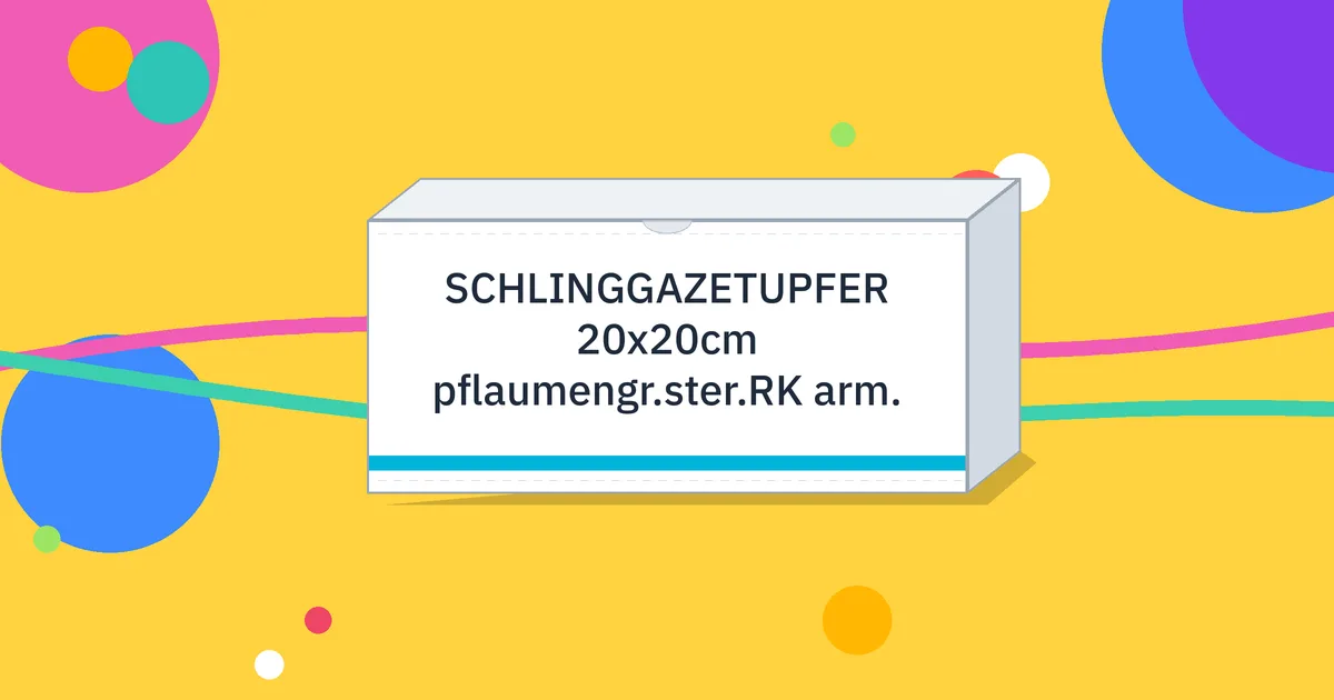 Symbolbild: Packung mit der Aufschrift SCHLINGGAZETUPFER 20x20cm pflaumengr.ster.RK arm. (PZN 16145189) – Verfügbarkeit und Bezug in Apotheken in Frankfurt am Main