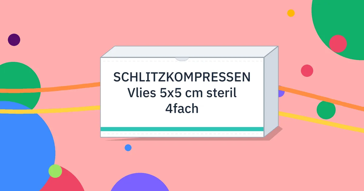Symbolbild: Packung mit der Aufschrift SCHLITZKOMPRESSEN Vlies 5x5 cm steril 4fach (PZN 01364684) – Verfügbarkeit und Bezug in Apotheken in Frankfurt am Main