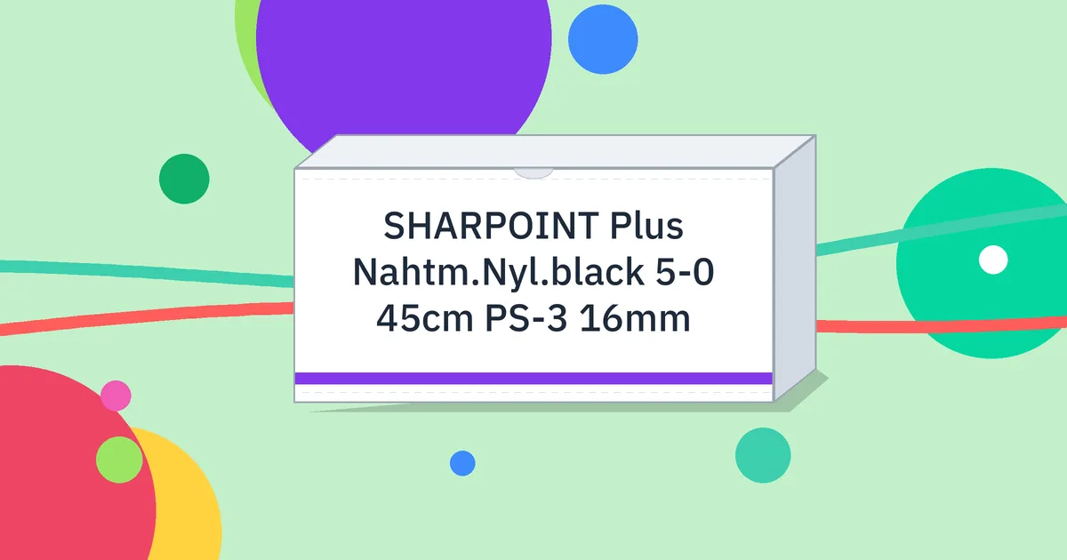 Symbolbild: Packung mit der Aufschrift SHARPOINT Plus Nahtm.Nyl.black 5-0 45cm PS-3 16mm (PZN 17984213) – Verfügbarkeit und Bezug in Apotheken in Frankfurt am Main