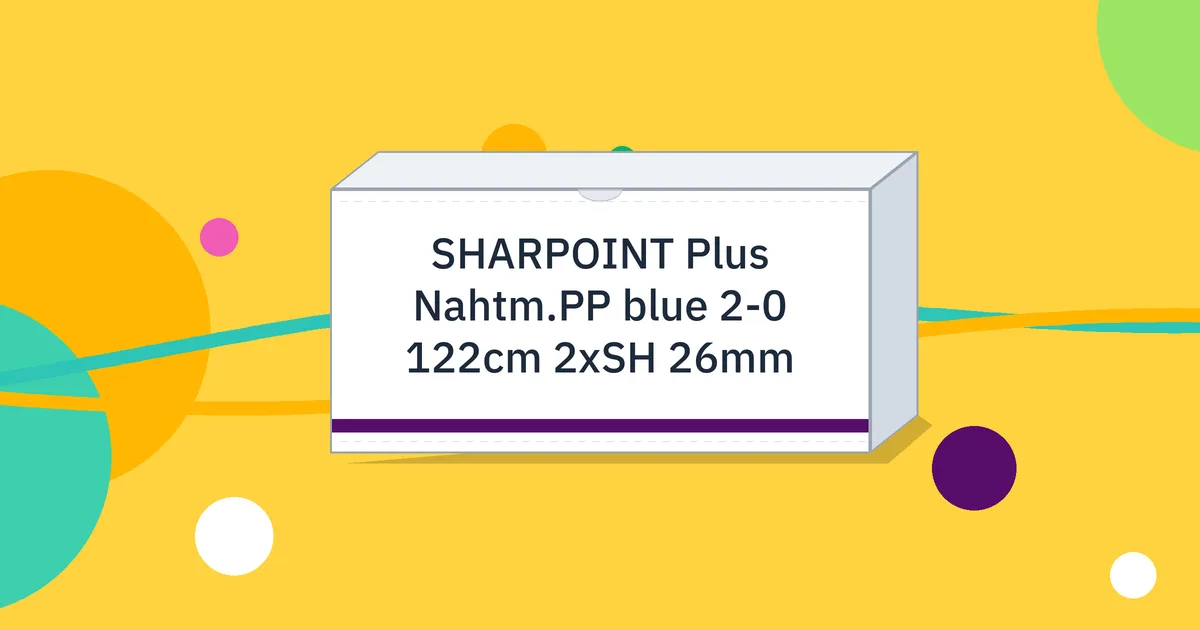Symbolbild: Packung mit der Aufschrift SHARPOINT Plus Nahtm.PP blue 2-0 122cm 2xSH 26mm (PZN 17985715) – Verfügbarkeit und Bezug in Apotheken in Frankfurt am Main