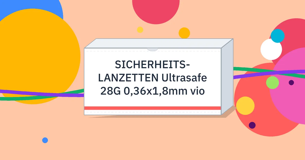 Symbolbild: Packung mit der Aufschrift SICHERHEITS-LANZETTEN Ultrasafe 28G 0,36x1,8mm vio (PZN 19264859) – Verfügbarkeit und Bezug in Apotheken in Frankfurt am Main