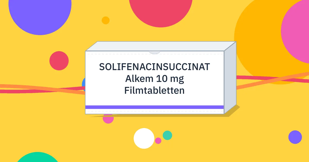 Symbolbild: Packung mit der Aufschrift SOLIFENACINSUCCINAT Alkem 10 mg Filmtabletten (PZN 15611494) – Verfügbarkeit und Bezug in Apotheken in Frankfurt am Main