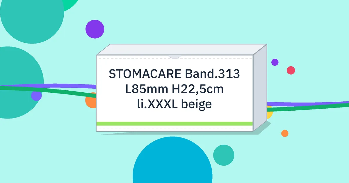Symbolbild: Packung mit der Aufschrift STOMACARE Band.313 L85mm H22,5cm li.XXXL beige (PZN 10840770) – Verfügbarkeit und Bezug in Apotheken in Frankfurt am Main