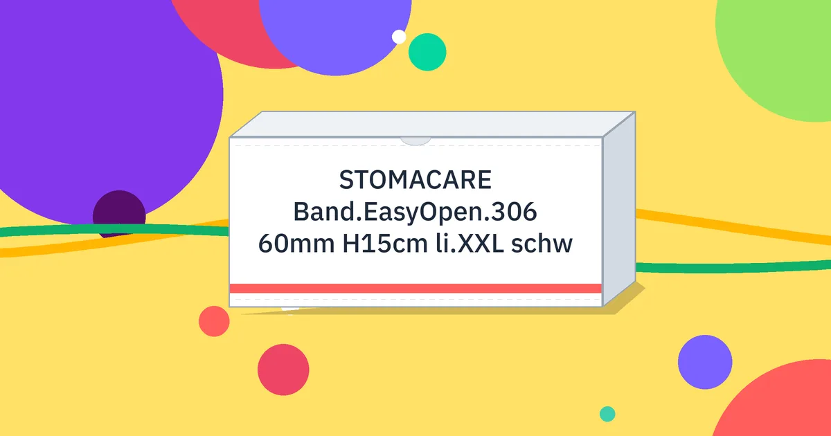 Symbolbild: Packung mit der Aufschrift STOMACARE Band.EasyOpen.306 60mm H15cm li.XXL schw (PZN 09437419) – Verfügbarkeit und Bezug in Apotheken in Frankfurt am Main
