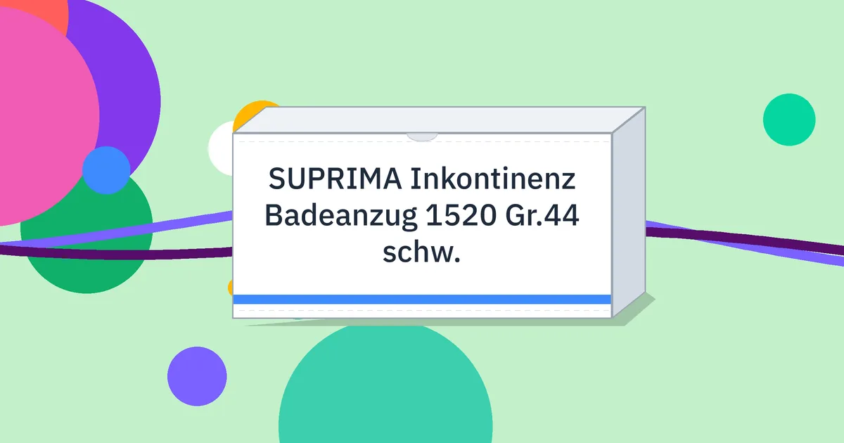 Symbolbild: Packung mit der Aufschrift SUPRIMA Inkontinenz Badeanzug 1520 Gr.44 schw. (PZN 04376498) – Verfügbarkeit und Bezug in Apotheken in Frankfurt am Main