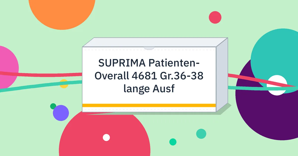 Symbolbild: Packung mit der Aufschrift SUPRIMA Patienten-Overall 4681 Gr.36-38 lange Ausf (PZN 01368570) – Verfügbarkeit und Bezug in Apotheken in Frankfurt am Main