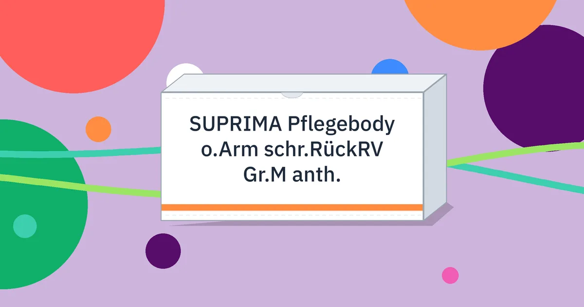 Symbolbild: Packung mit der Aufschrift SUPRIMA Pflegebody o.Arm schr.RückRV Gr.M anth. (PZN 10710926) – Verfügbarkeit und Bezug in Apotheken in Frankfurt am Main