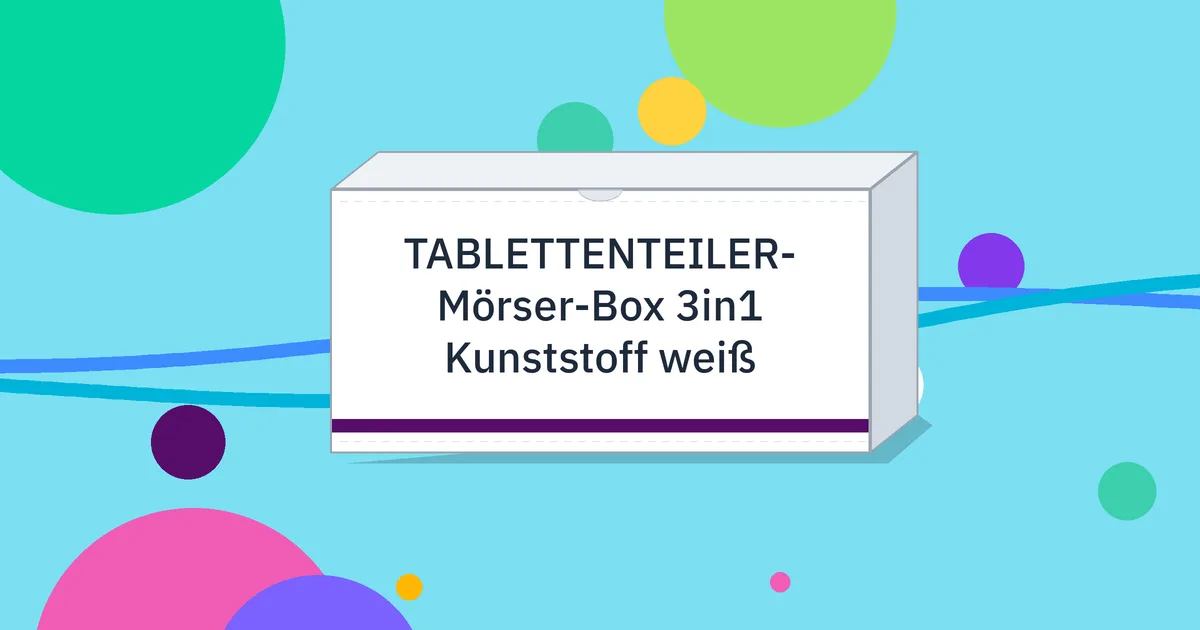 Symbolbild: Packung mit der Aufschrift TABLETTENTEILER-Mörser-Box 3in1 Kunststoff weiß (PZN 15734021) – Verfügbarkeit und Bezug in Apotheken in Frankfurt am Main