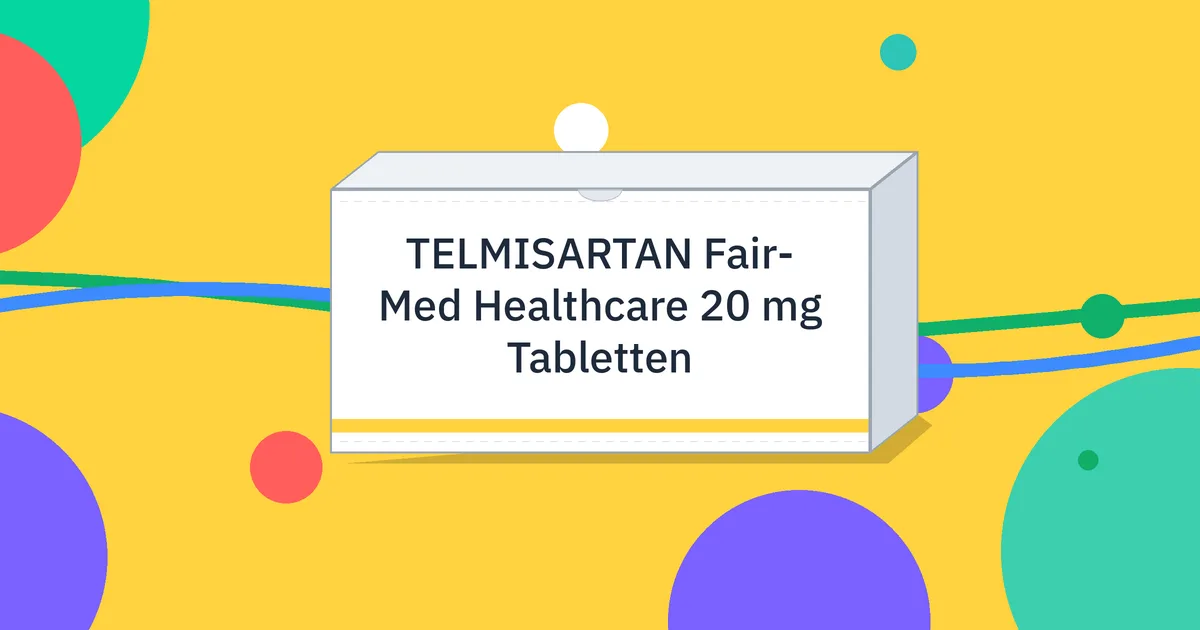 Symbolbild: Packung mit der Aufschrift TELMISARTAN Fair-Med Healthcare 20 mg Tabletten (PZN 14321624) – Verfügbarkeit und Bezug in Apotheken in Frankfurt am Main