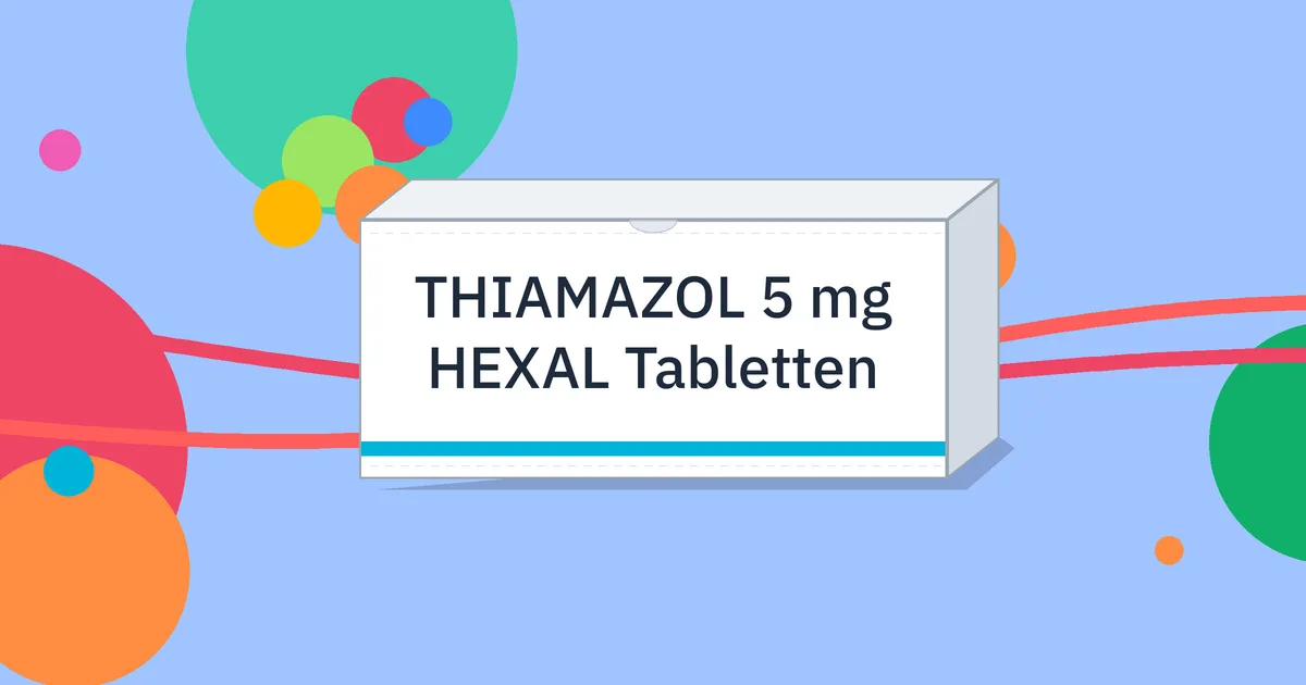 Symbolbild: Packung mit der Aufschrift THIAMAZOL 5 mg HEXAL Tabletten (PZN 01680623) – Verfügbarkeit und Bezug in Apotheken in Frankfurt am Main
