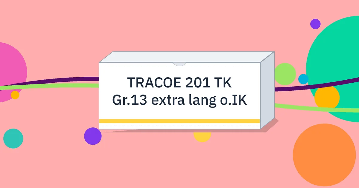 Symbolbild: Packung mit der Aufschrift TRACOE 201 TK Gr.13 extra lang o.IK (PZN 11643451) – Verfügbarkeit und Bezug in Apotheken in Frankfurt am Main