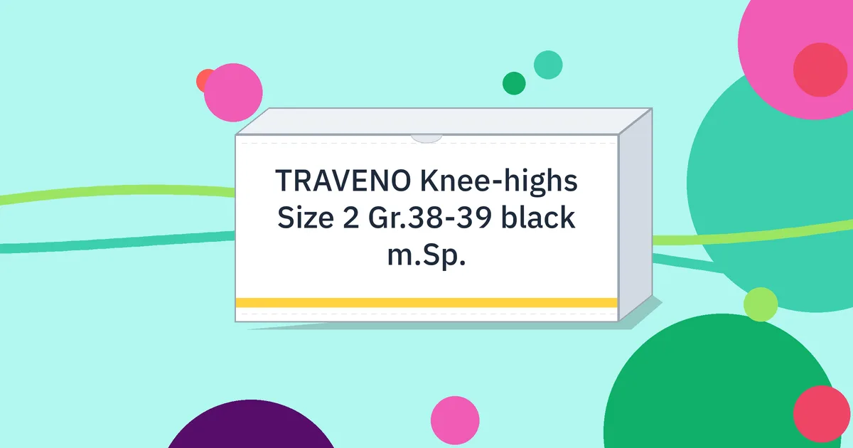 Symbolbild: Packung mit der Aufschrift TRAVENO Knee-highs Size 2 Gr.38-39 black m.Sp. (PZN 17603033) – Verfügbarkeit und Bezug in Apotheken in Frankfurt am Main