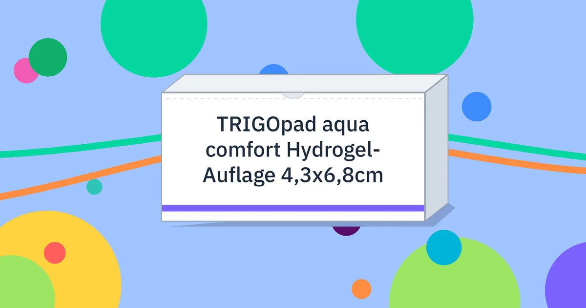 Symbolbild: Packung mit der Aufschrift TRIGOpad aqua comfort Hydrogel-Auflage 4,3x6,8cm (PZN 17864207) – Verfügbarkeit und Bezug in Apotheken in Frankfurt am Main